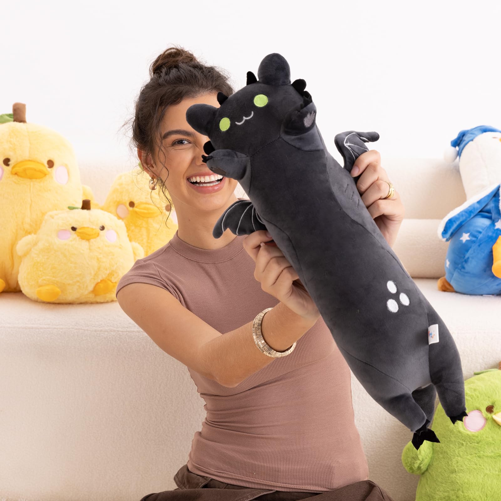 PEACH CAT Long Dragon Cat Plush Pillow Cute Dragon Cat Stuffed Animal for Boys and Girls Black 19.6"