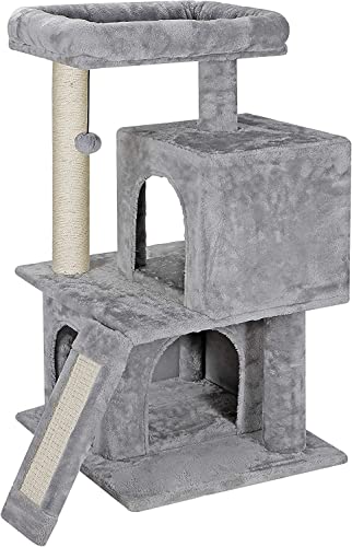 Nova Microdermabrasion Cat Tree, 34 Inches Ultra Soft Plush Covering with Sisal Rope Posts for Scratching, House Furniture for Kittens, Grey