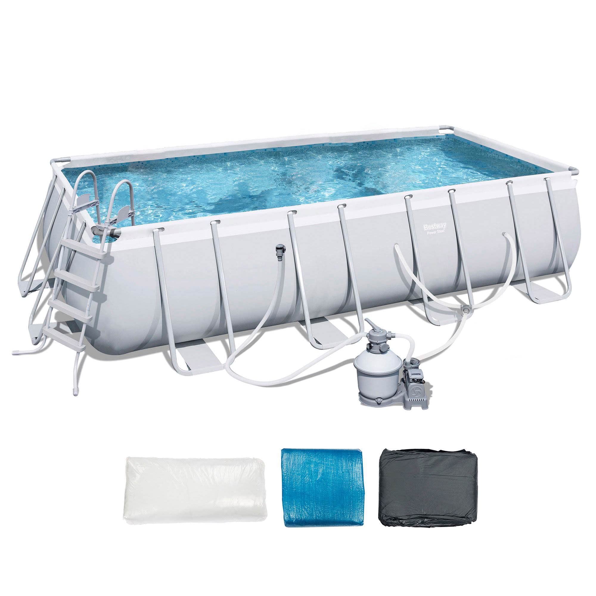 Bestway 18 x 9 x 4 Foot Rectangular Above Ground Pool Set with Ladder, 1000 Gallon Sand Filter Pump, Ground Cloth, Pool Cover, and Surface Skimmer