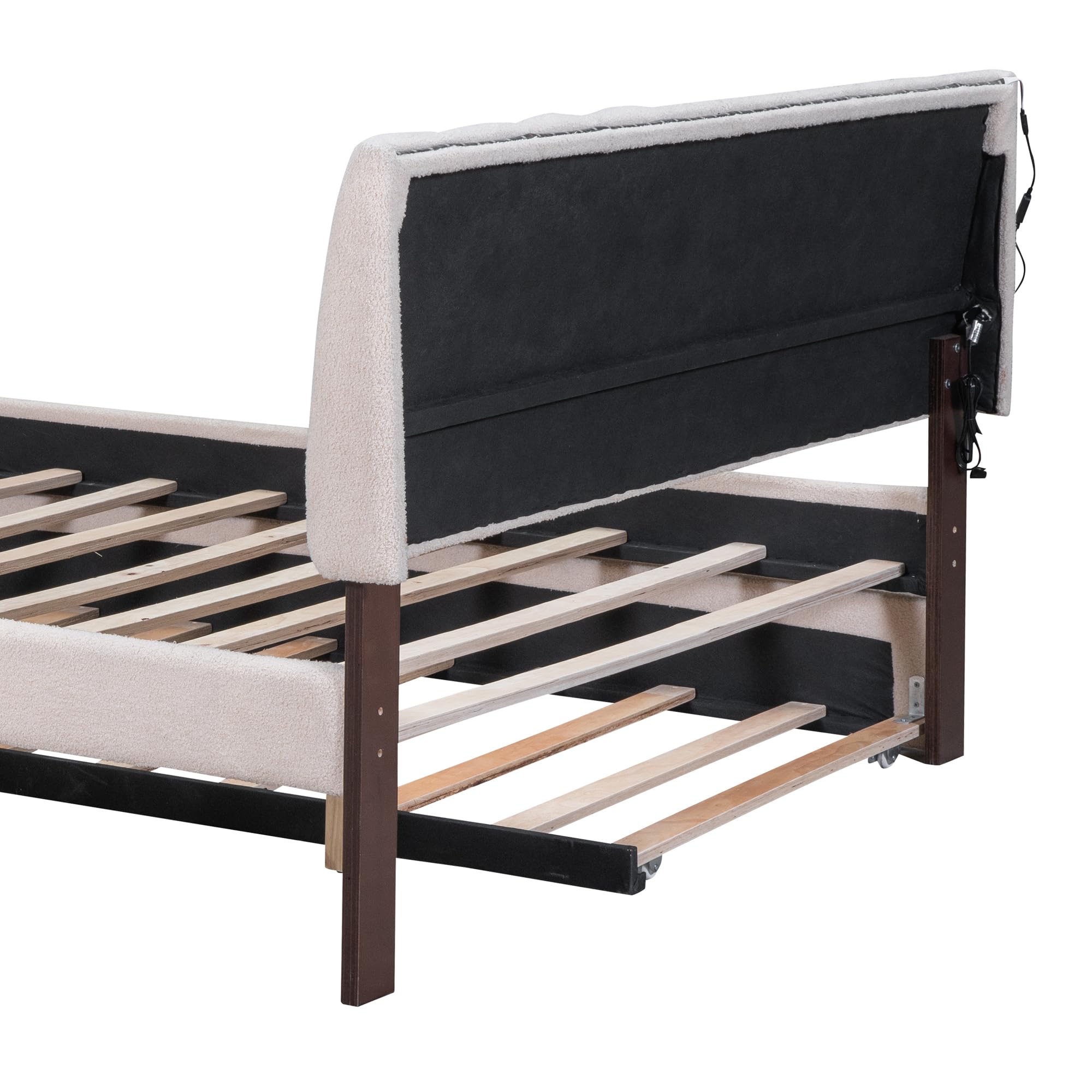 Brisca Full Size Teddy Fleece Upholstered Platform Bed with Trundle and LED,Bed Frame W/Stripe Designed Headboard,for Bedroom,Apartment,Guest Room,Beige