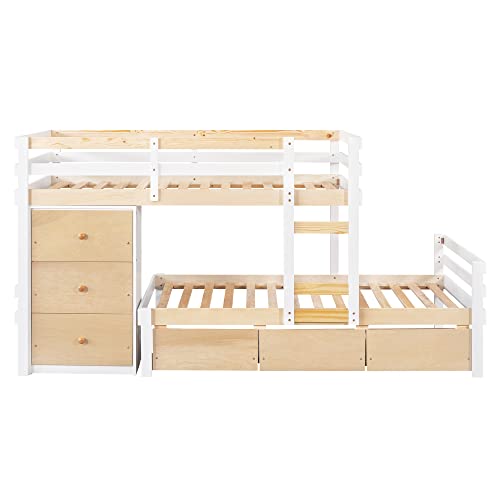 Brisca Twin Over Twin Loft Bunk Bed with 6 Storage Drawers and Ladder,Bed Frame W/Neutral Finish & Simple Design,for Apartment,Bedroom,Guest Room,Natural
