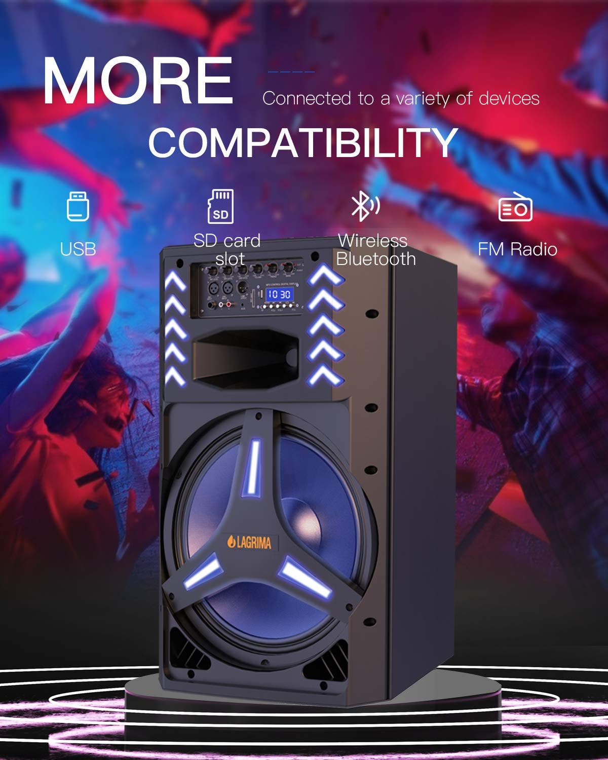 LAGRIMA LPS-500 Portable 15-Inch 2-Way 1800W PA Speaker System, DJ Karaoke Machine with Wireless Bluetooth/FM Radio/USB/SD Card Slot