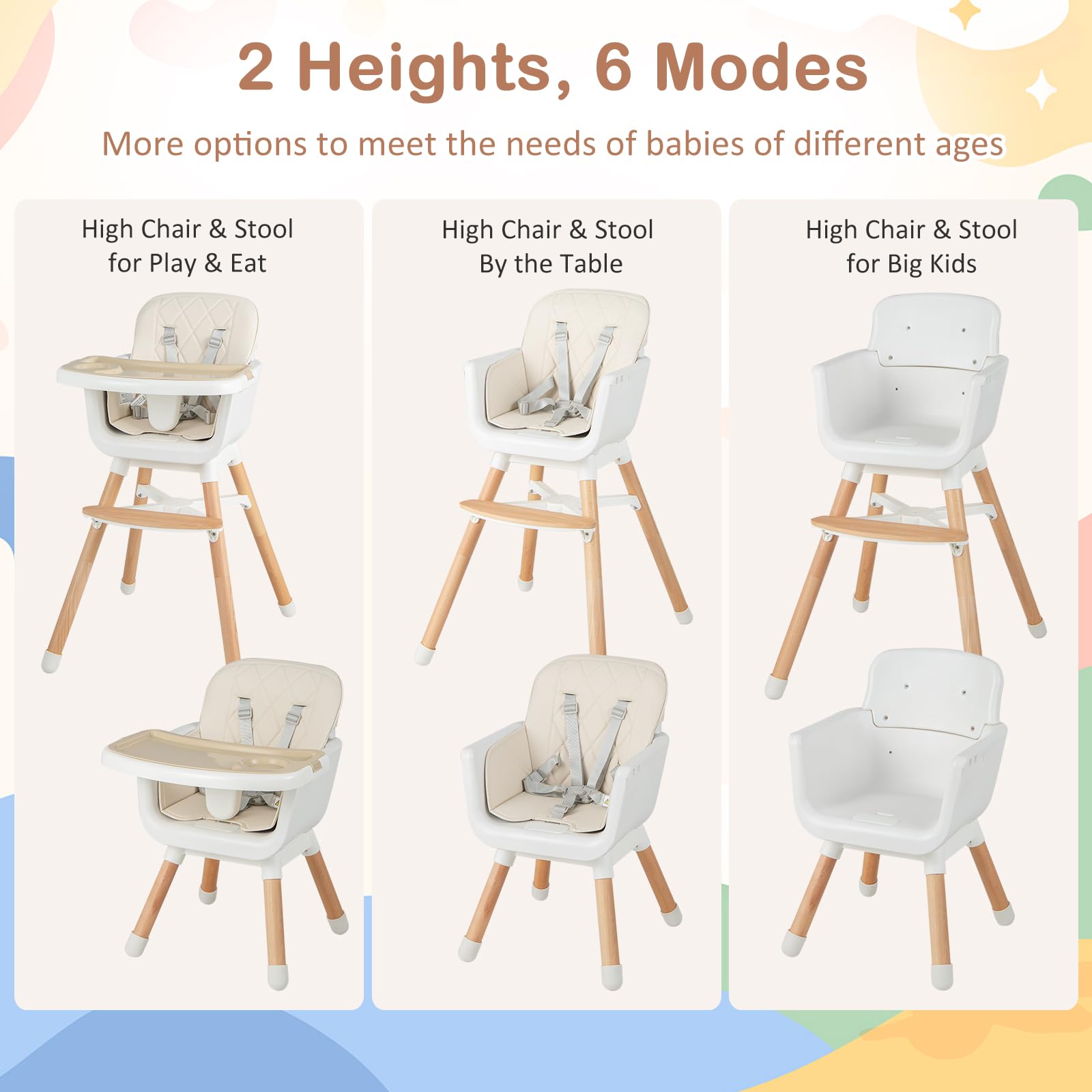 BABY JOY Baby High Chair, 6 in 1 Convertible Wooden High Chair for Babies & Toddlers with Adjustable Legs, Double Removable Tray, Safety Harness & Waterproof PU Cushion (Beige)