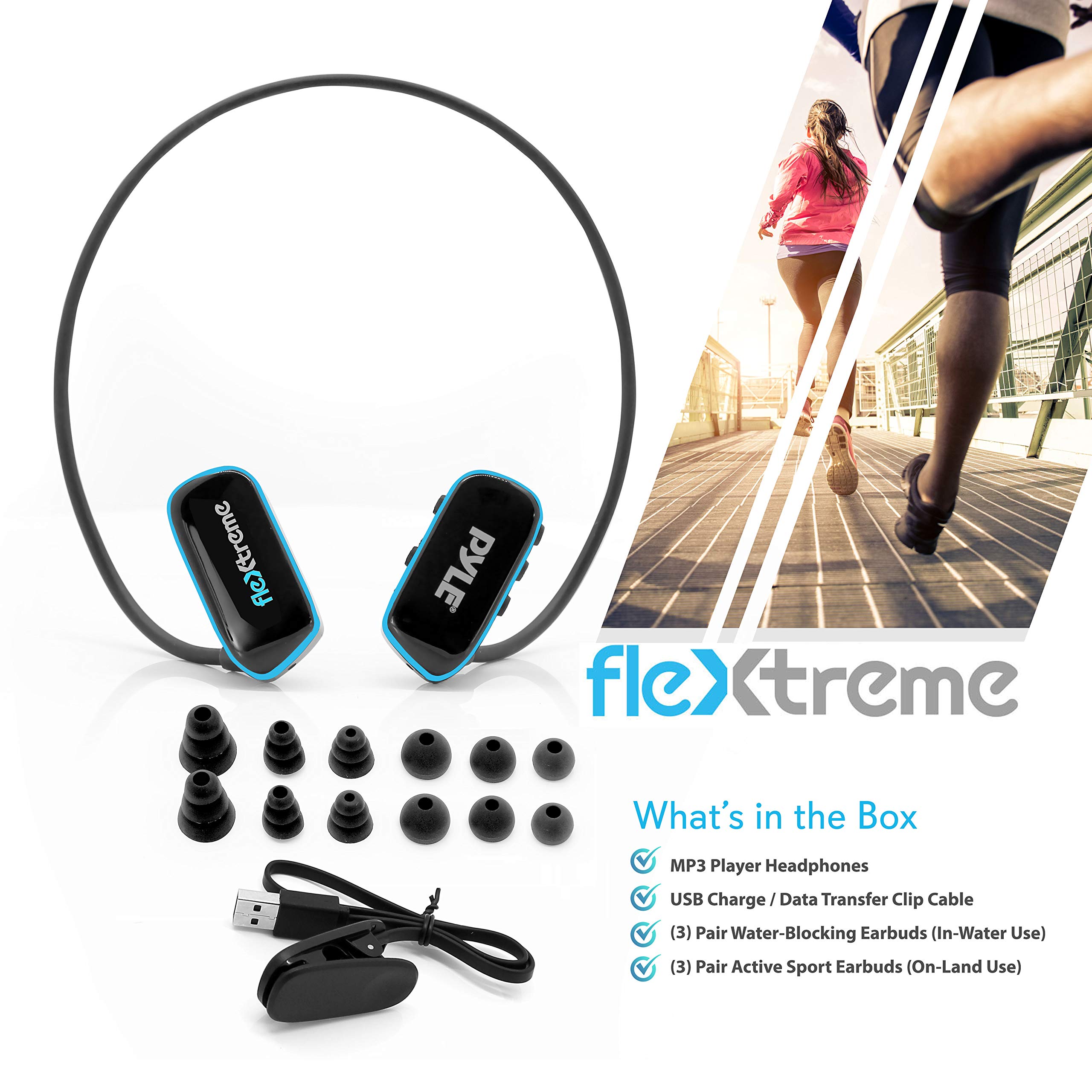 Pyle Waterproof MP3 Player Swim Headphone-Submersible IPX8 Flexible Wrap-Around Style Headphones Built-in Rechargeable Battery USB Connection w/4GB Flash Memory&Replacement Earbuds-Pyle PSWP6BK