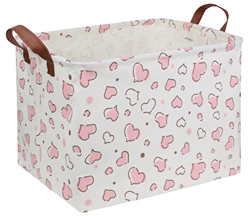 HIYAGON Pink Basket,Valentines Gift Baskets Empty,Cute Storage Bin,Baby Girl Basket, Kids Toy Basket,Rectangular Shelf Basket with Handles,Nursery(Pink Hearts)