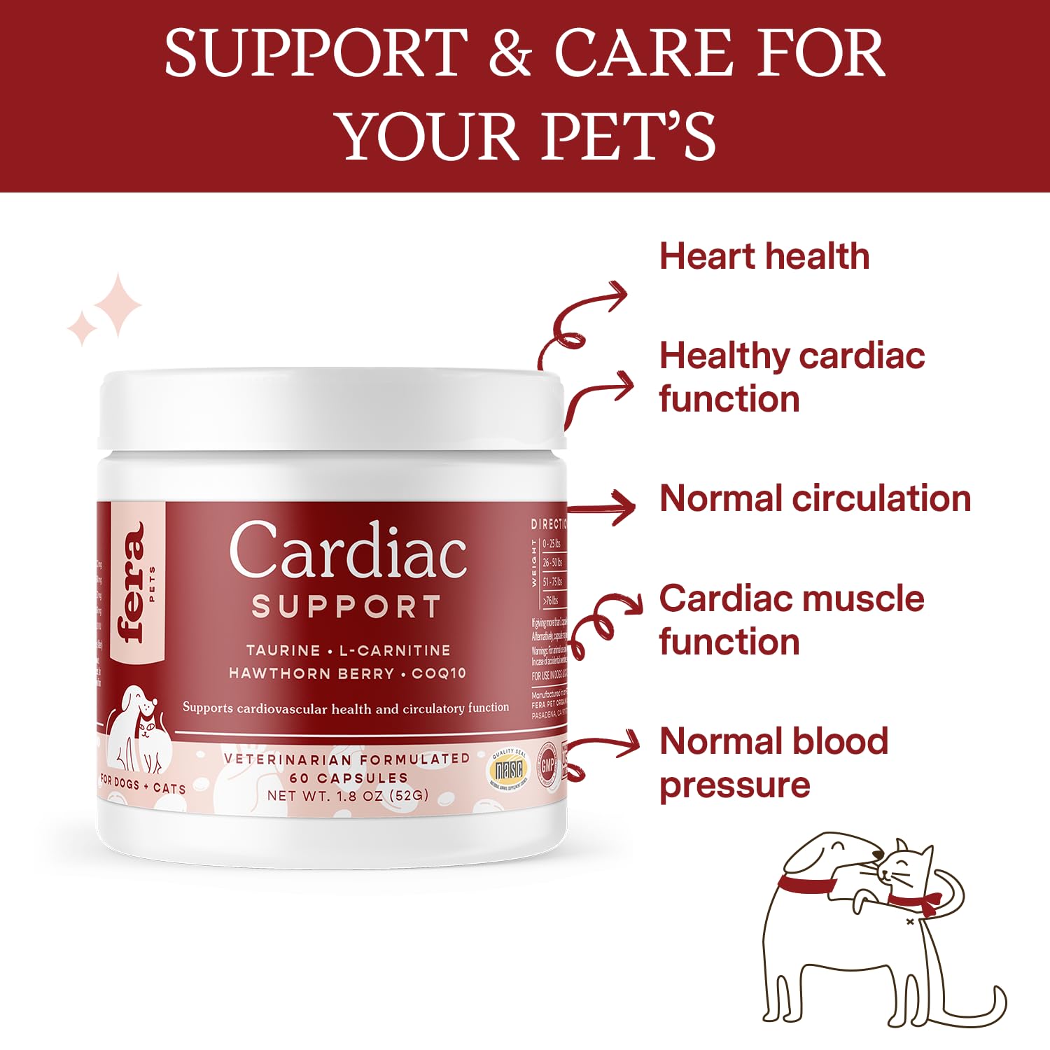 Fera Pets Cardiac Supplement for Dogs & Cats – 60 Capsules – Vet Created -Cardiovascular Function & Strength-Taurine, CoQ10, Organic Hawthorne Berry