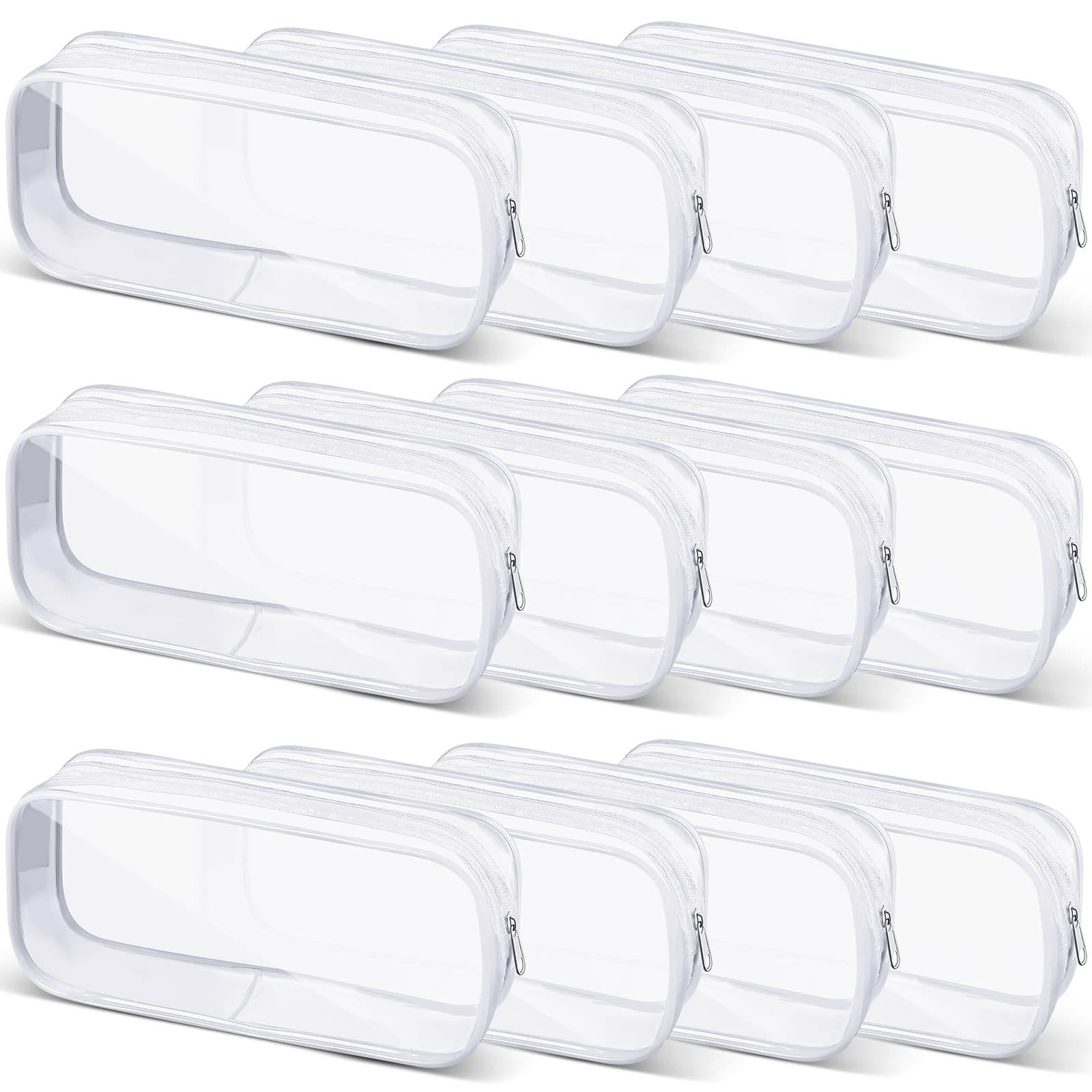 Cindeer 12 Pcs Clear PVC Pencil Bags with Zipper Pencil Pouch Clear Pencil Box Travel Toiletries Bag Makeup Bags Large Capacity Pencil Bag for Office Stationery Travel Storage (White)