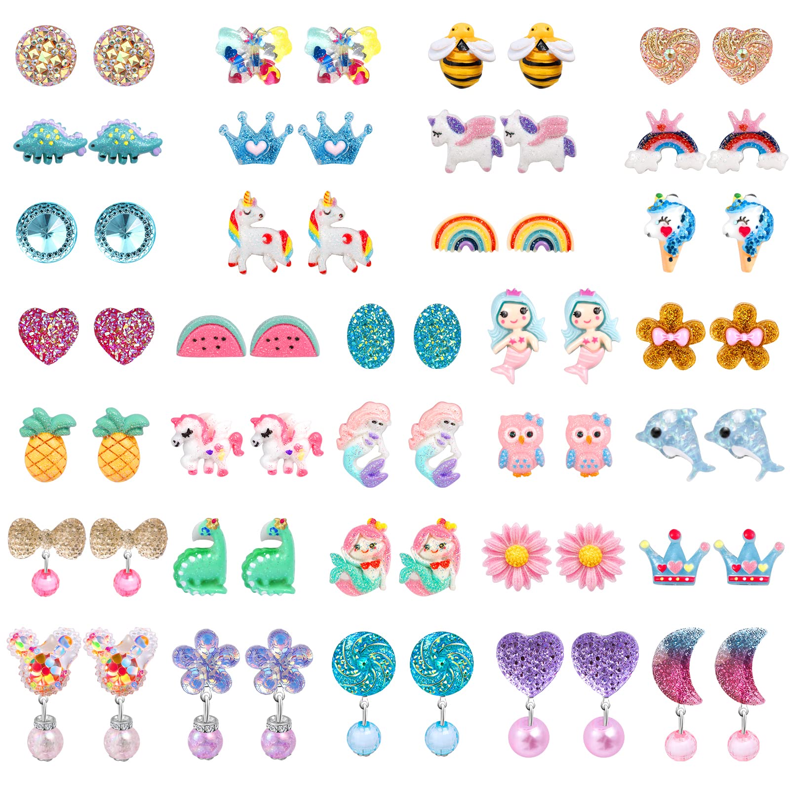 DEVIENG Clip On Earrings, 32 Pairs Hypoallergenic Clips Earrings Sets Suitable for Ages 4-12 Little Girls, Cute Small Clips On Earrings Jewelry Gifts Set