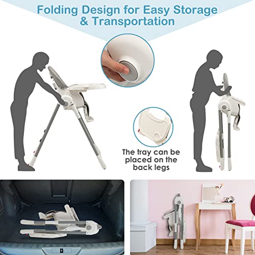 INFANS High Chair for Babies and Toddlers, Foldable Highchair with 7 Different Heights 4 Reclining Backrest Seat 3 Setting Footrest, Removable Tray Built-in Rear Wheels with Locks (Grey)