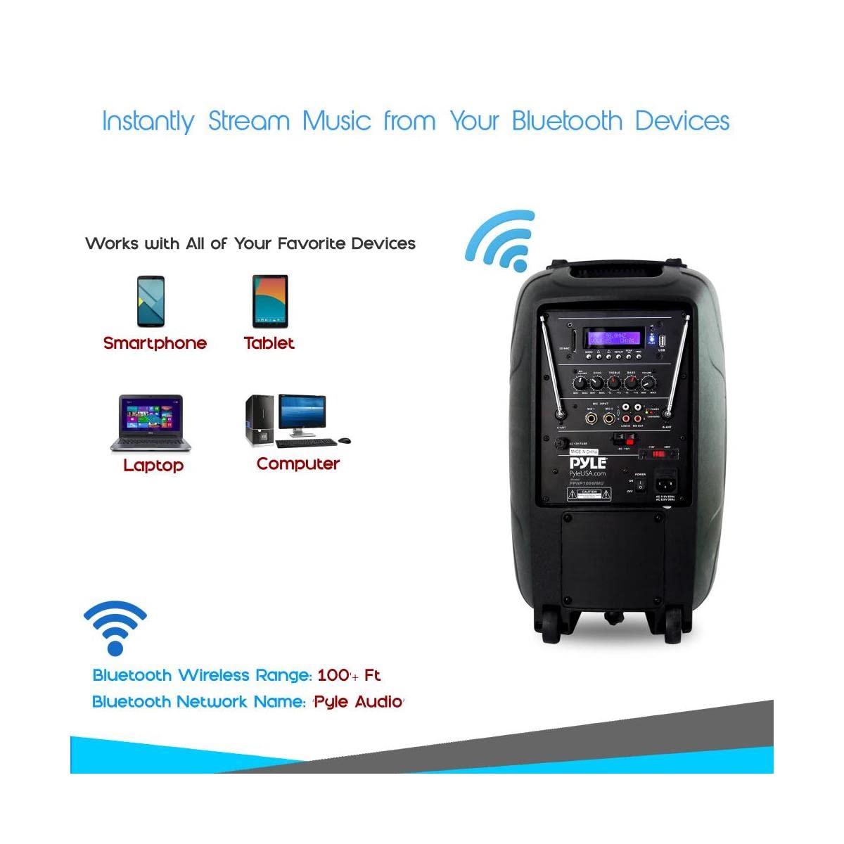 Pyle Wireless Portable PA Speaker System - 1000W Rechargeable Battery Powered Bluetooth Compatible Active Outdoor Speaker - USB SD MP3 AUX RCA FM Radio - 35mm Mount Microphone Transmitter PPHP109WMU