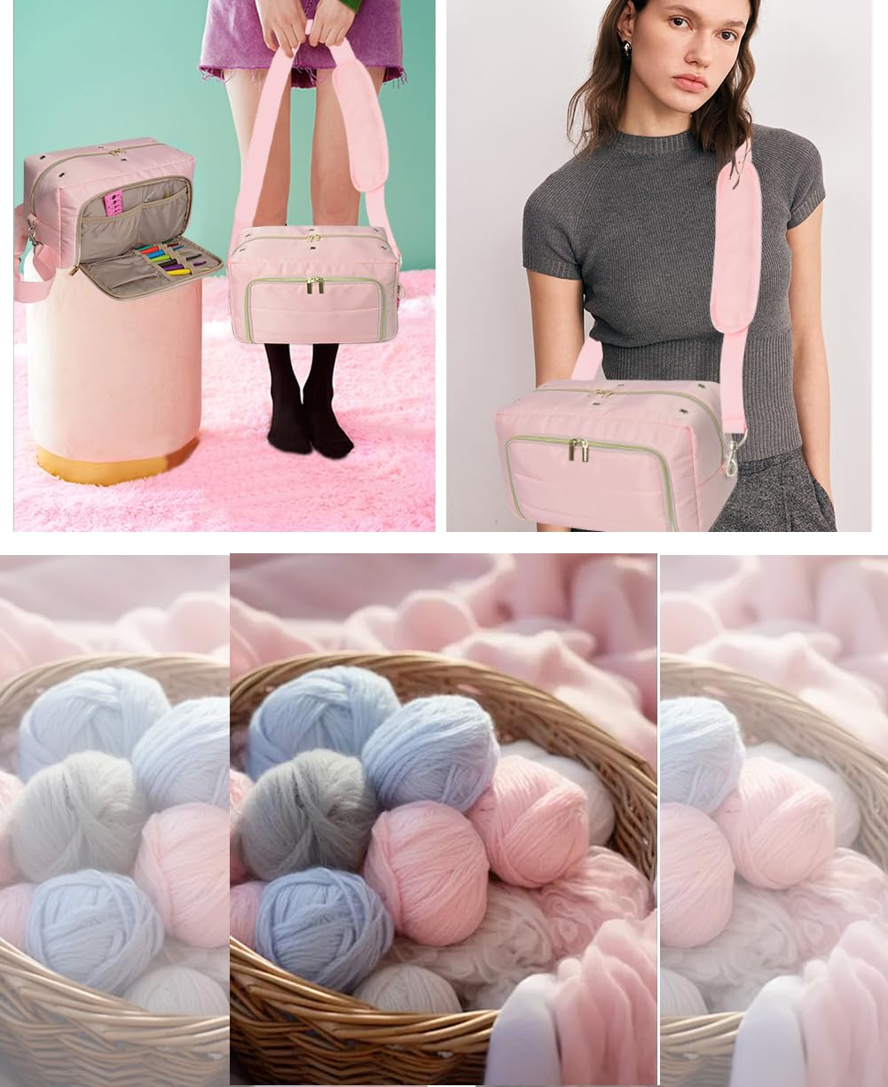 Crochet Bag and Totes,Pink Cute Knitting Bag,Large Yarn Storage Organizer, Knitting Kit Storage, Yarn Bag Crochet Hooks, Knitting Accessories