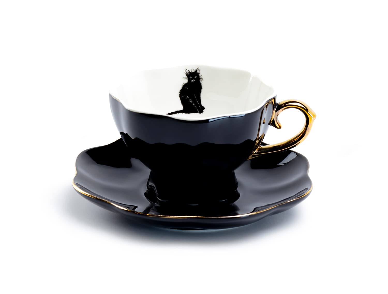 Grace Teaware Black Cat Fine Porcelain Tea Cup and Saucer with Hand Painted Gold Trim Halloween, Black White and Gold
