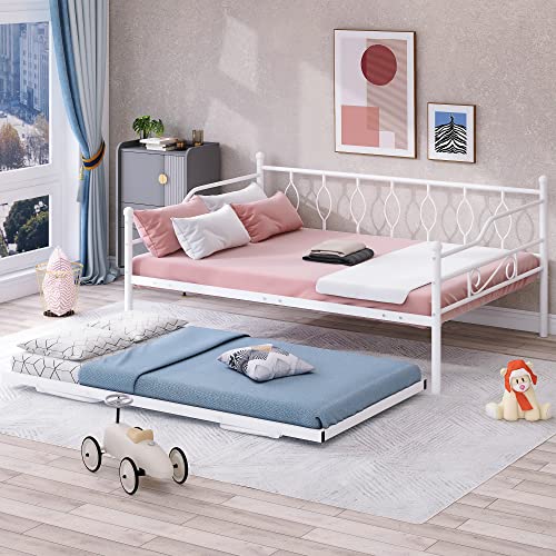 Full Size Daybed with Trundle Heavy-Duty Metal Day Bed Frame with Twin Size Adjustable Trundle Beds for Living Room Bedroom, White(Circle Pattern)