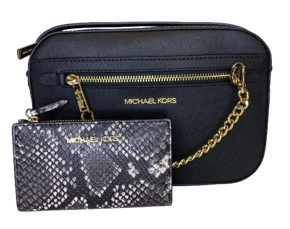 MICHAEL Michael Kors Jet Set Large Crossbody Bag bundled with Jet Set Travel SM Zip Card Case Wallet (Black/Python Embossed)