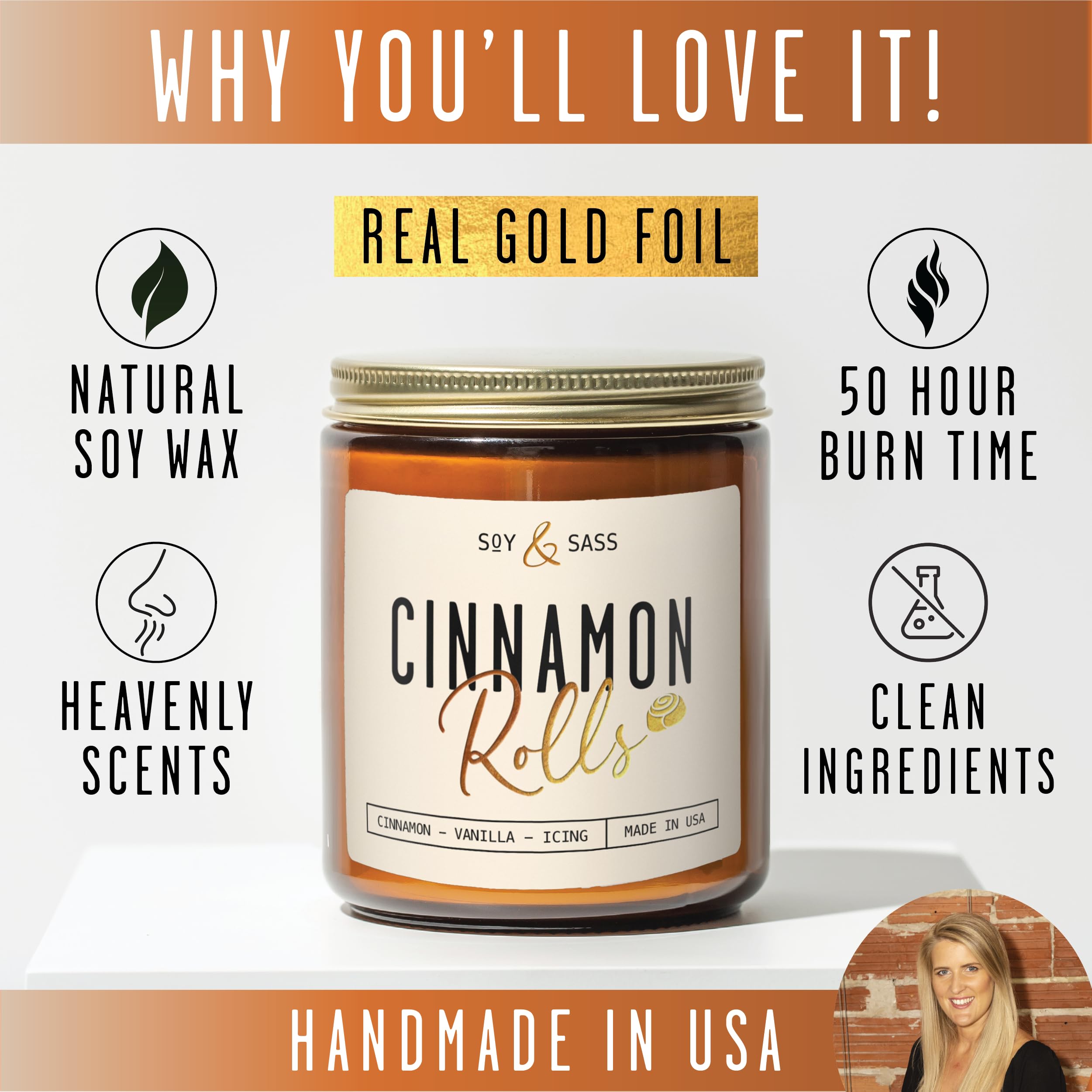 Cinnamon Candle, Fall Candles, Christmas Candles - 'Cinnamon Rolls' Autumn Scented Soy Candles for Home, 9oz Reusable Jar, 50Hr Burn, Made in USA