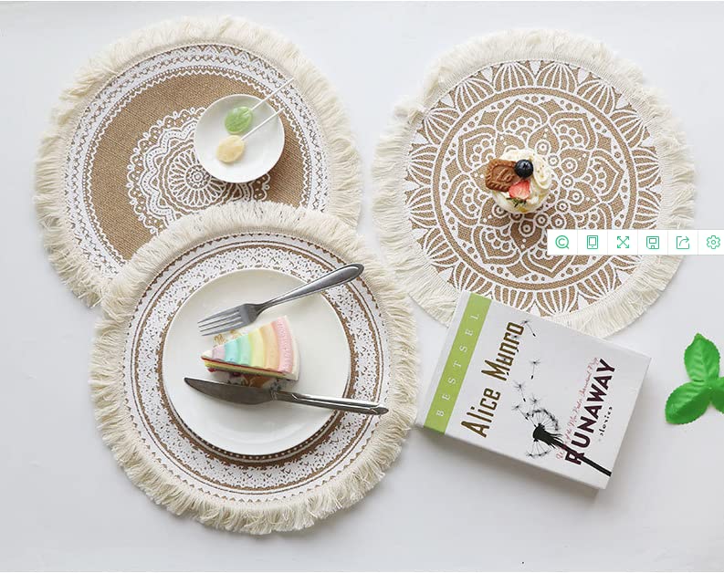 GorinsKani 2 Pieces of Cotton Thread Embroidery Table mat Jute Table mat Decoration mat Round Tassel Side Table mat Heat Insulation mat Anti-Slip Kitchen mat Home Decoration (Tassel Style E)
