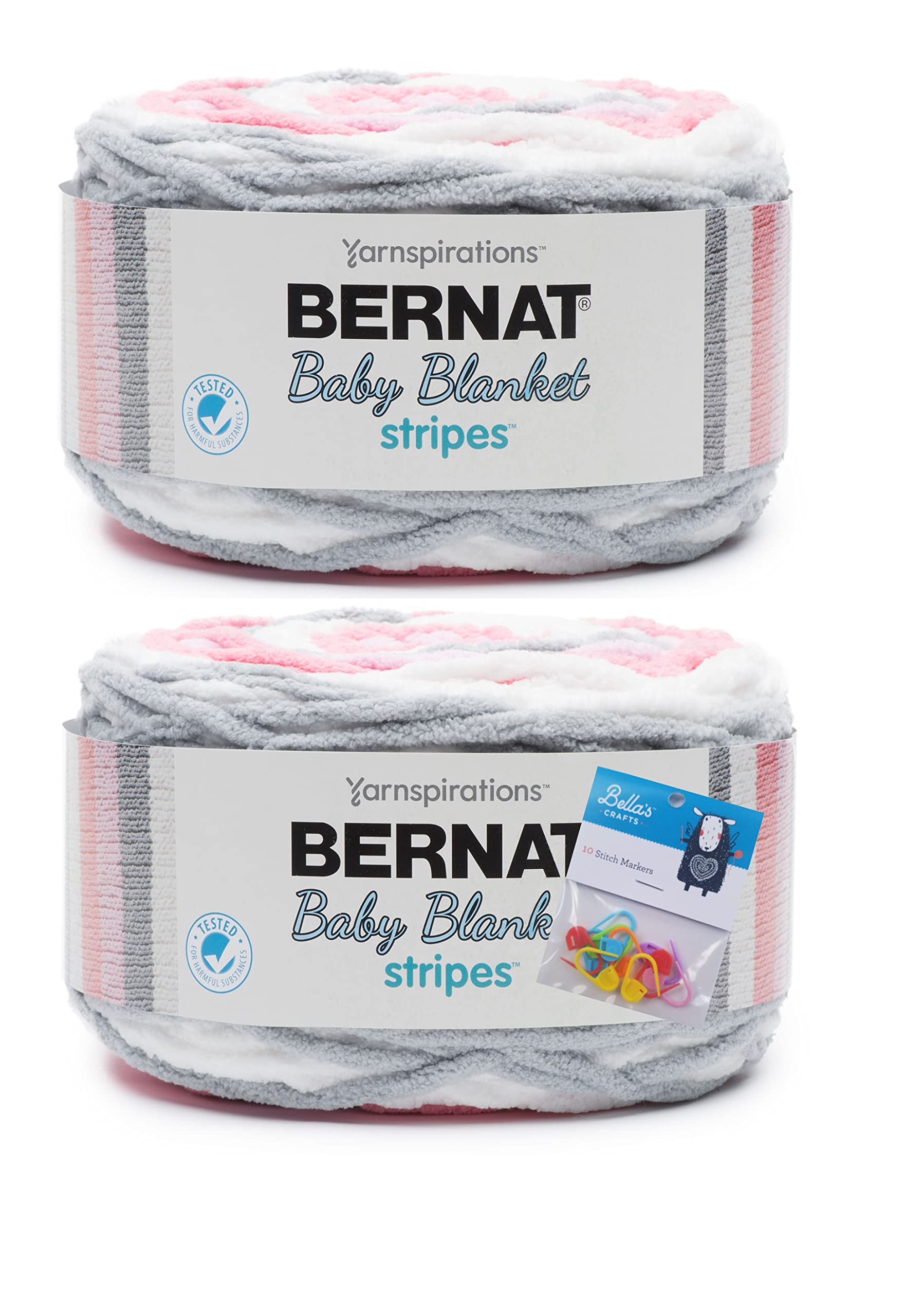 Bernat Yarn Bernat Baby Blanket Stripes Yarn, Super Bulky 6, 10.5 Oz, Ballerina 2-Pack Bundle with Bella's Crafts Stitch Markers
