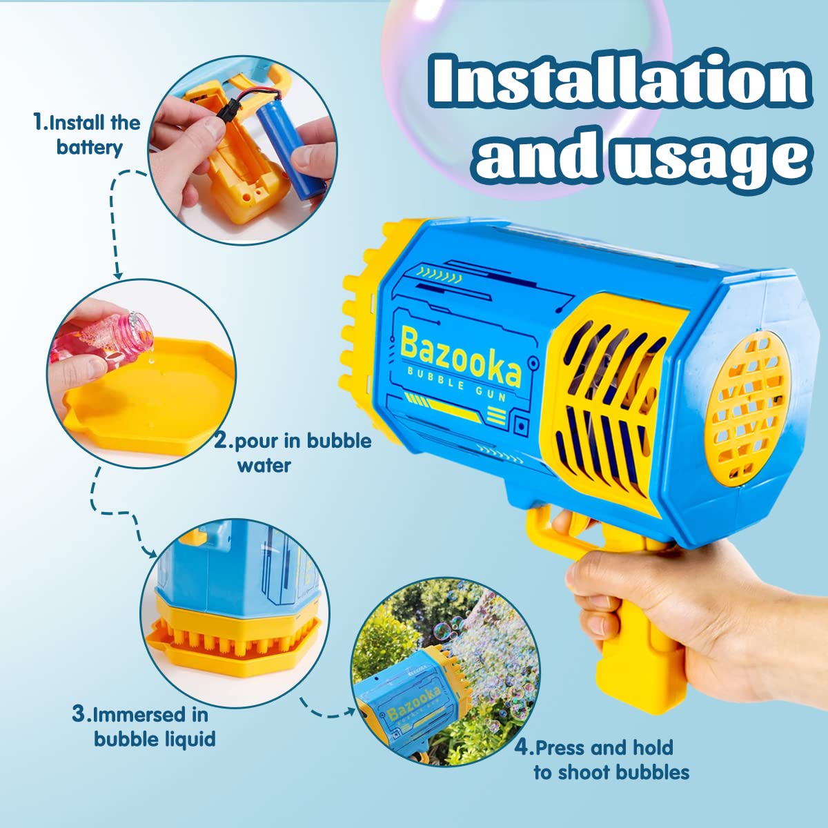 Bubble Gun for Kids - 69 Holes Bubble Machine Bubble Blaster Rocket Bubble Gun Toys for Party Outdoor Children Play