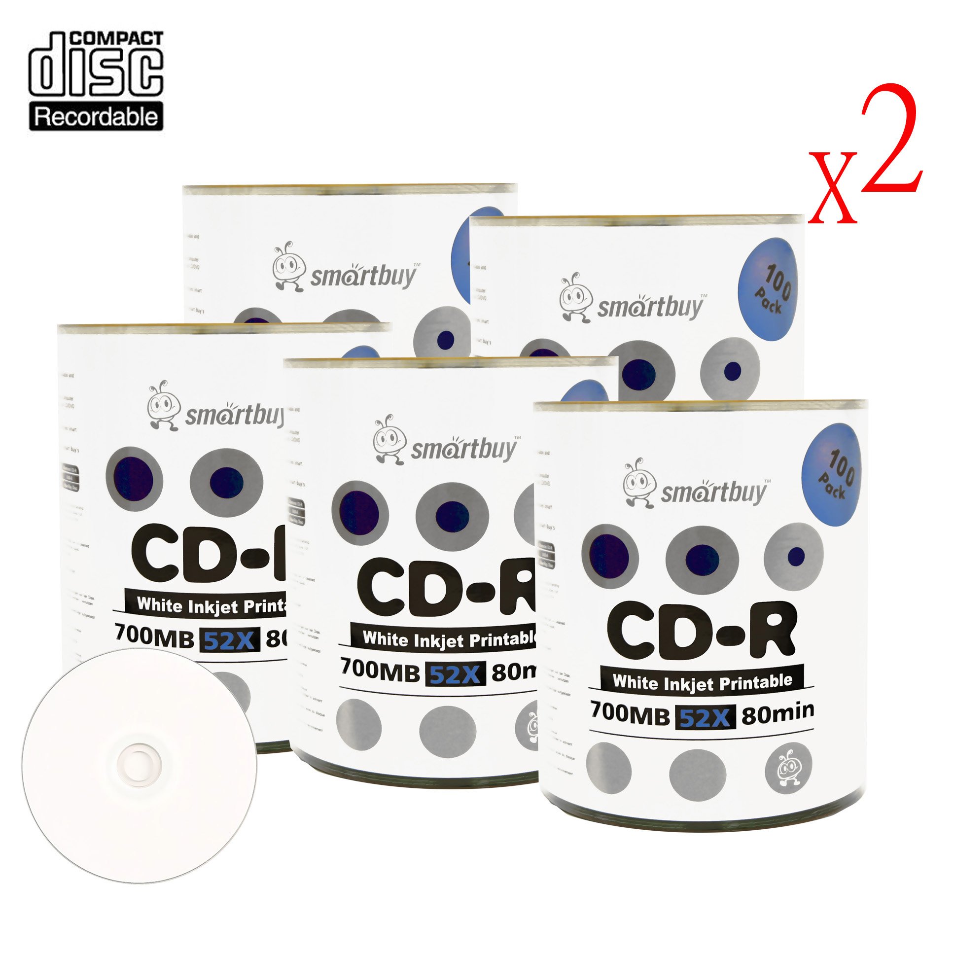 Smartbuy 1000-disc 700mb/80min 52x CD-R White Inkjet Hub Printable Blank Recordable Media Disc