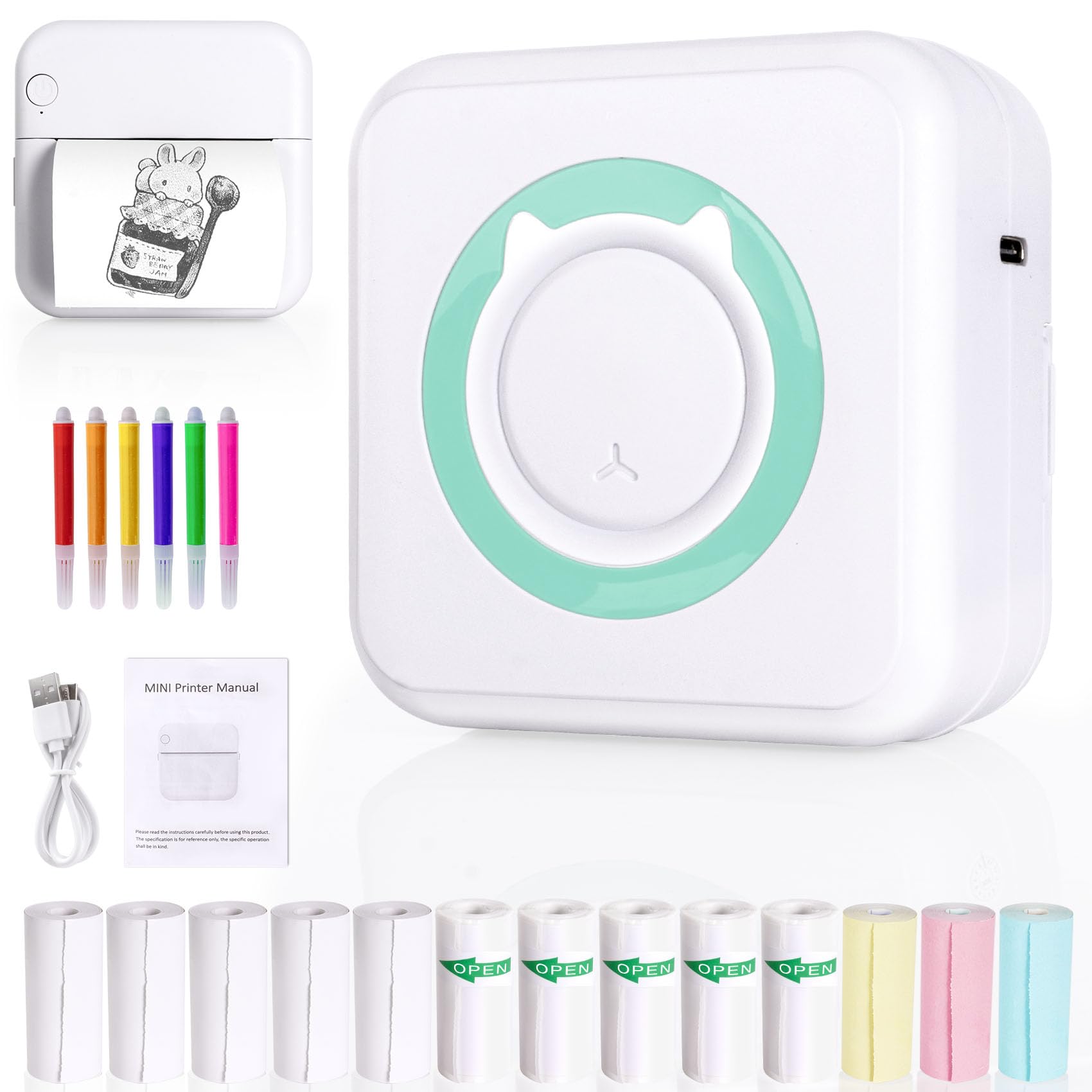 Netholid Mini Portable Printer with 14 Rolls Sticker Paper, Pocket Bluetooth Thermal Printer for Photo Travel Memo Scrapbook, Compatible with Phone (WhiteGreen, 1 Printer + 13 Roll Paper)