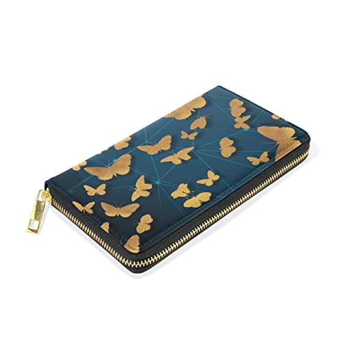 Seamless Golden Gold Butterflies on Abstract Blue Background Leather Long Wallet Organizer with Zipper Purse Clutch Bag for Women Men