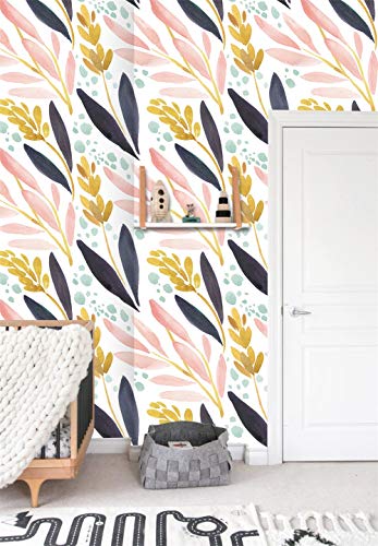 HAOKHOME 93027 Watercolor Forest Peel and Stick Wallpaper Removable White/Pink/Navy/Yellow Floral Vinyl Self Adhesive Shelf Liner 17.7in x 9.8ft