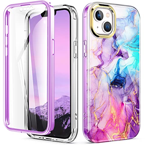Hocase for iPhone 14 Plus Case, (with Built-in Screen Protector) Shockproof Slim Soft TPU+Hard Plastic Full Body Protective Case for iPhone 14 Plus (6.7" Display) 2022 - Watercolor Marble