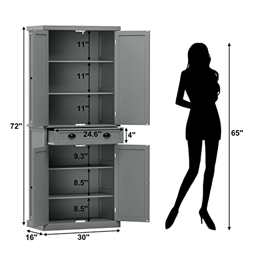 Function Home 72" Kitchen Pantry Cabinet, Tall Storage Cabinet, Freestanding Cupboard with Drawer and Adjustable Shelves, Pantry Cabinets for Kitchen Bathroom Living Room, Grey