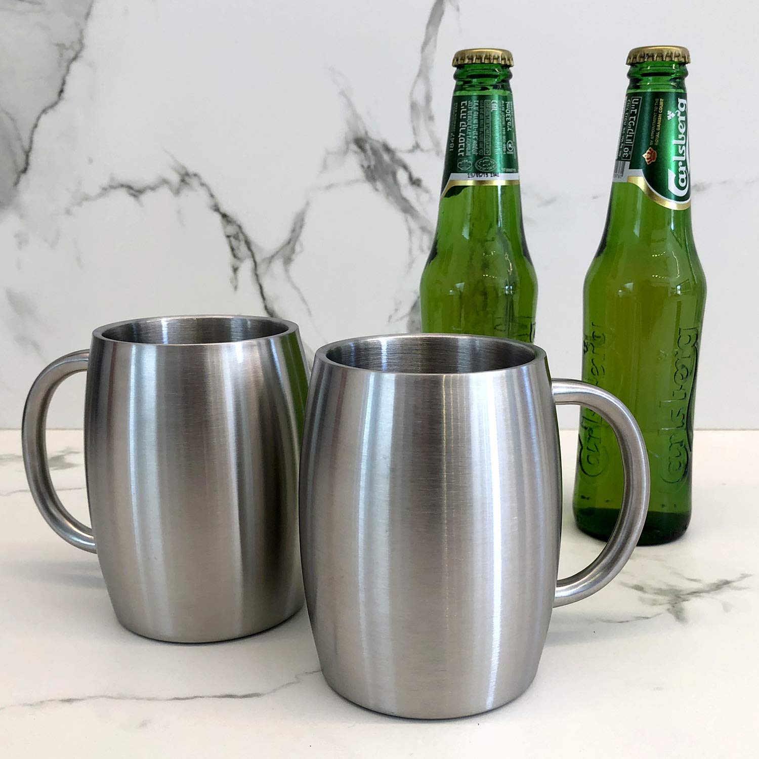 Stainless Steel Insulated Coffee Mugs Set of 2 (14oz) β Double Wall Coffee Cups with Spill Resistant Lid & Strong Handle, Shatterproof Cups for Cold Drinks and Hot Beverages, Indoor & Outdoor Use