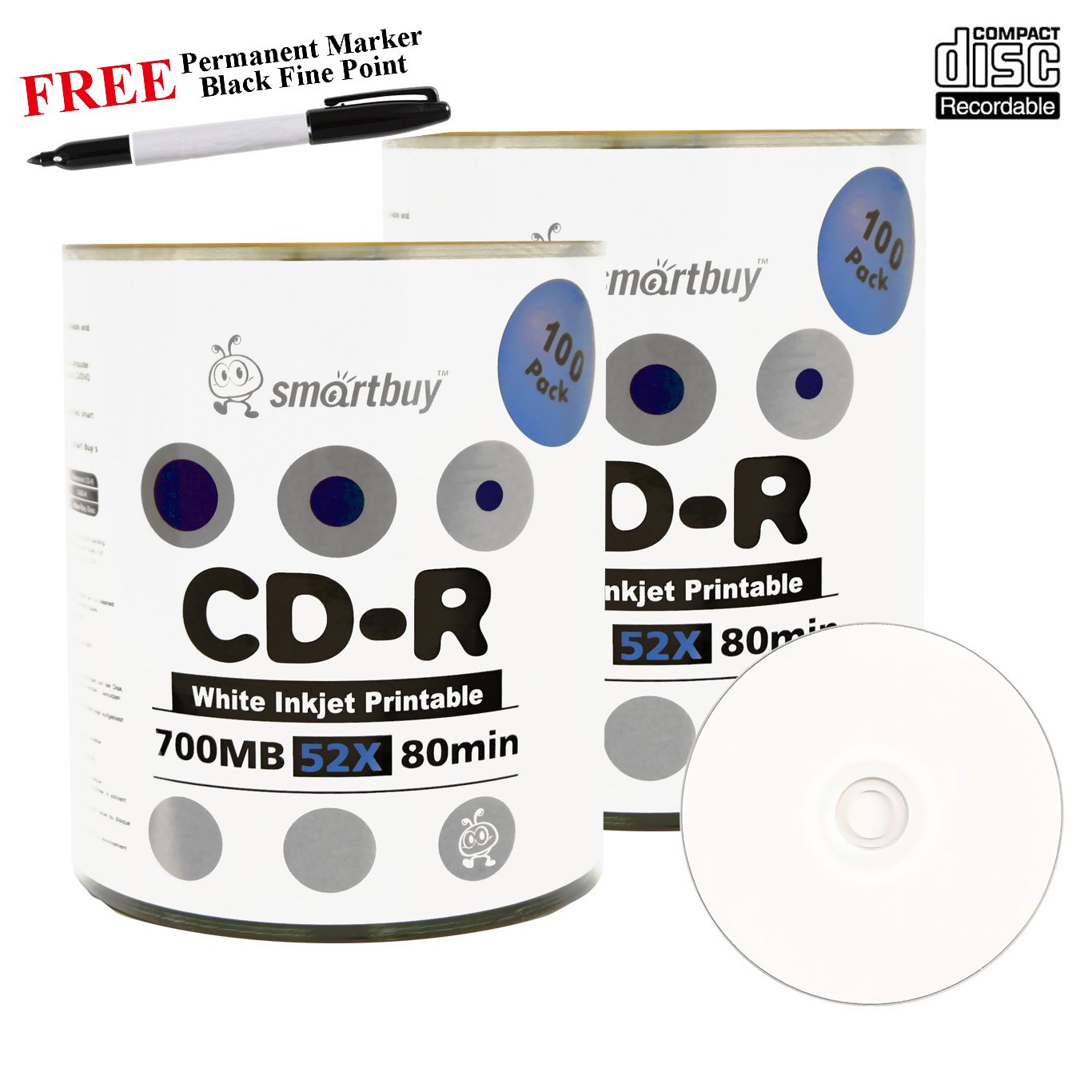 Smartbuy 200-disc 700mb/80min 52x CD-R White Inkjet Hub Printable Blank Media Disc + Black Permanent Marker