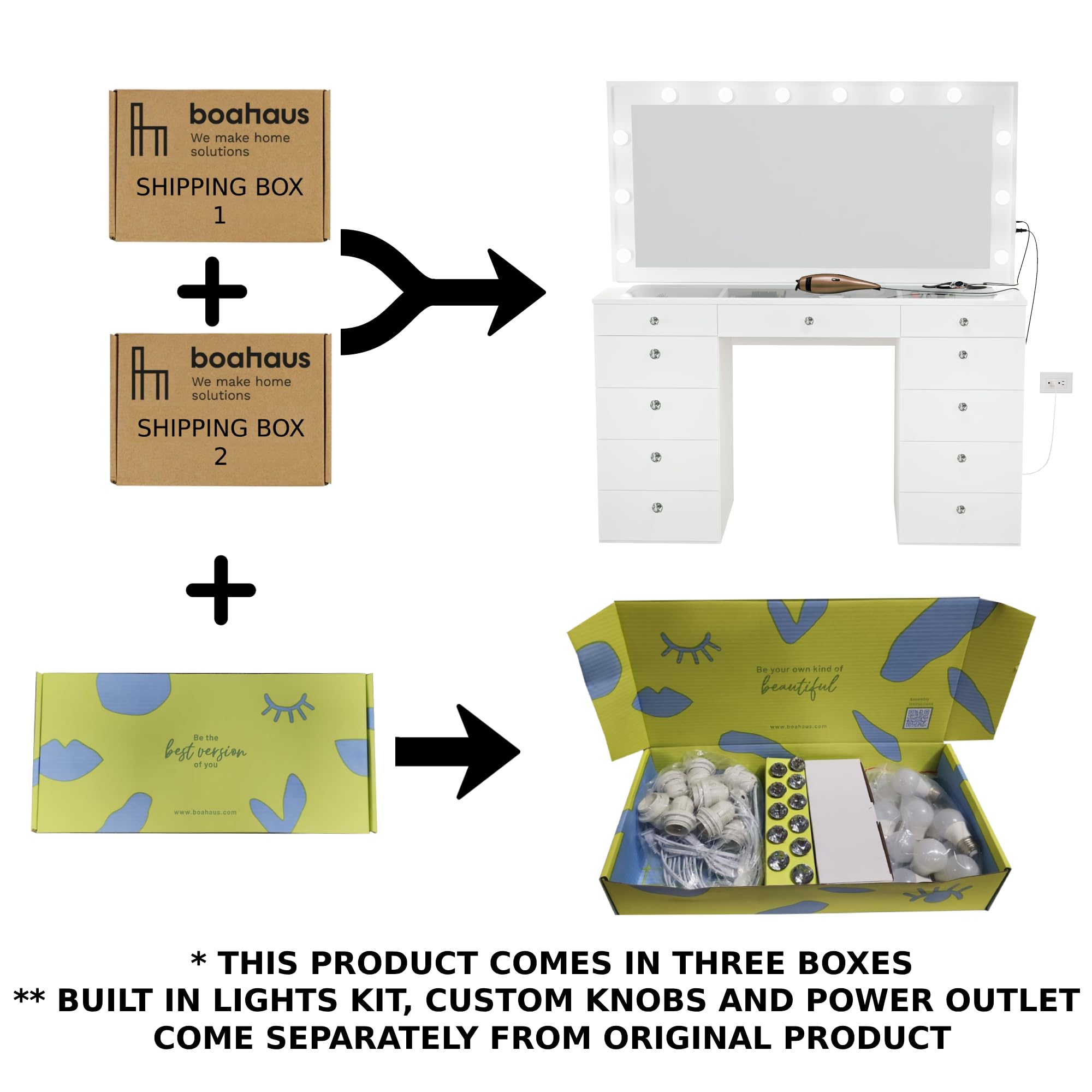 Boahaus Orla Extra Large Makeup Vanity Desk with Lights Built-in, Power Outlet, 11 Drawers, Hollywood Vanity Mirror, Glass Top Vanity, Crystal Knobs, White Big Vanity, 61.02''Hx56.3''Wx20.08''D