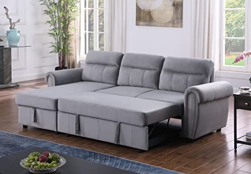Lilola Home Ashton Gray Velvet Fabric Reversible Sleeper Sectional Sofa Chaise