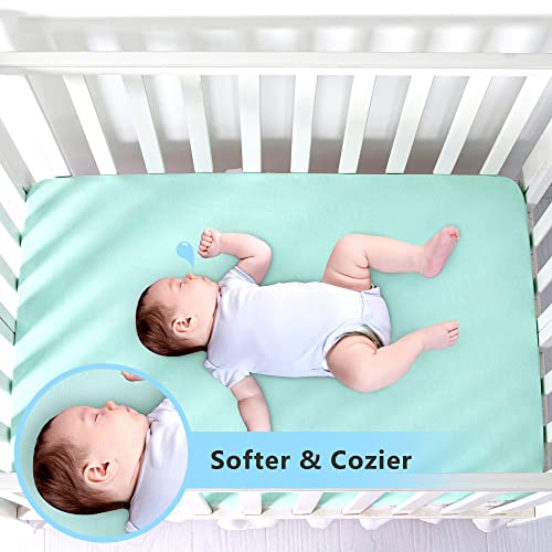 TILLYOU 2 Pack Mini Crib Fitted Sheets, Stretchy Soft Jersey Knit Portable Mini Pack n Play Playard, Playpen Bedding Sheet for Baby, Light Green & Light Gray