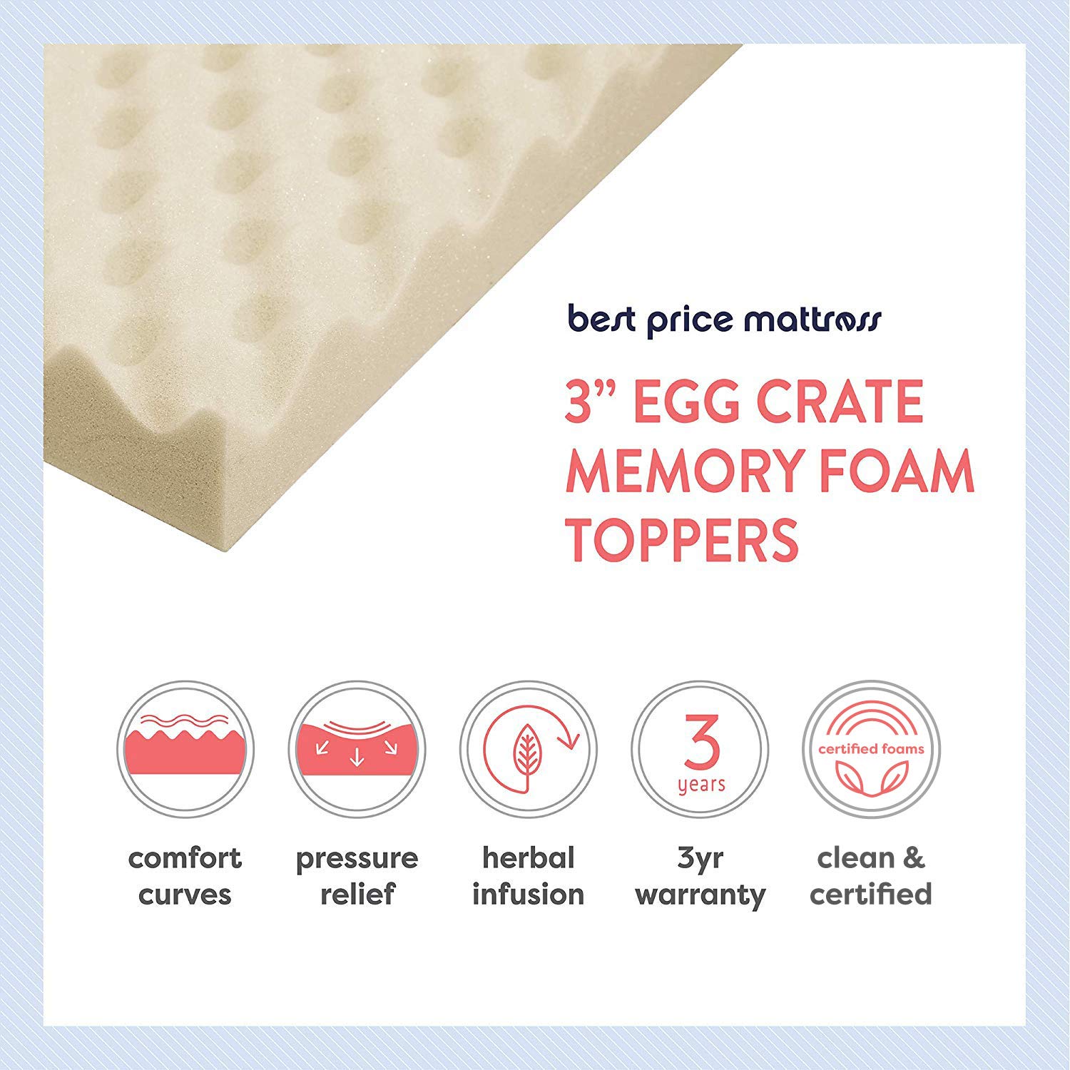Best Price Mattress 3 Inch Egg Crate Memory Foam Mattress Topper with Copper Infusion, CertiPUR-US Certified, Queen Beige