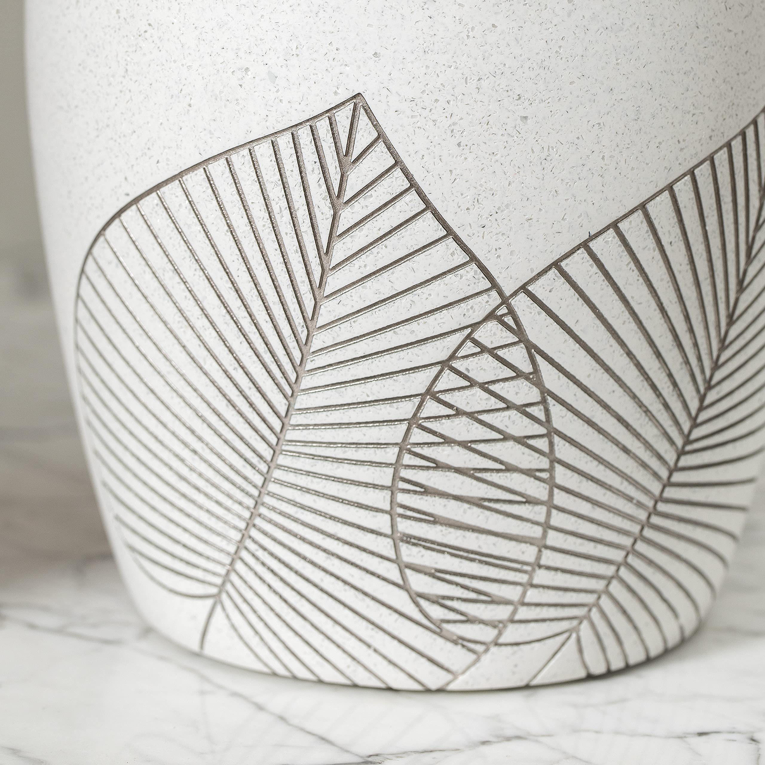 Set of 2 Elegant Leaf Design Hight Quality Polyresin Wastebasket Garbage Receptacle Bin and Brush/Holder for Bathrooms, Powder Rooms, Kitchens, Home Offices White