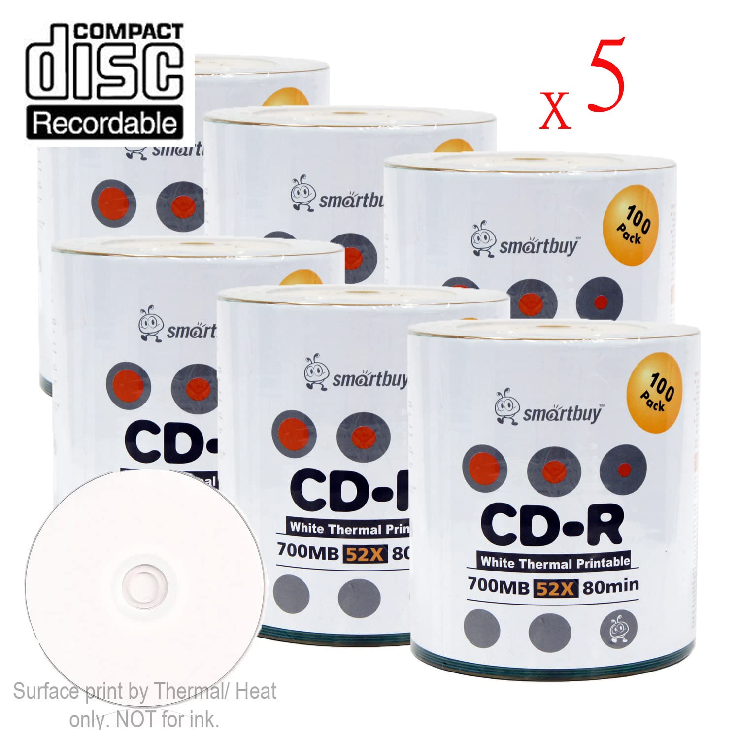 Smartbuy 3000-disc 700mb/80min 52x CD-R White Thermal Hub Printable Blank Recordable Media Disc