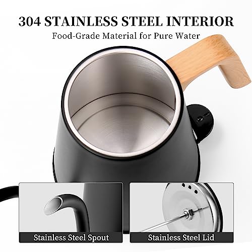 Nueve&Five Gooseneck Electric Kettle with Thermometer, Black Electric Kettle 1L with Auto Shut-Off,1000W Hot Water Kettle of Stainless Steel, Pour Over Kettle for Coffee & Tea