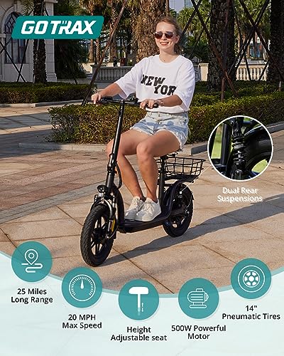 Gotrax FLEX ULTRA Electric Scooter with Seat for Adult Commuter,25 Miles Range&20Mph Power by 500W Motor, Folding Scooter with 14" Pneumatic Tire&Comfortable Wider Deck, E-Bike with Carry Basket Black