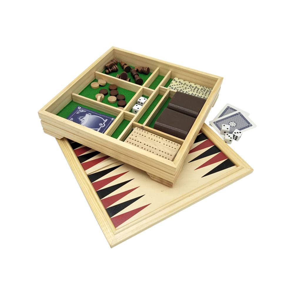 KAILE Deluxe 11.8 Inch 7 in 1 Board Game Set - Chess Set, Checkers, Backgammon, Dominoes, Playing Cards, Poker Dices and Cribbage