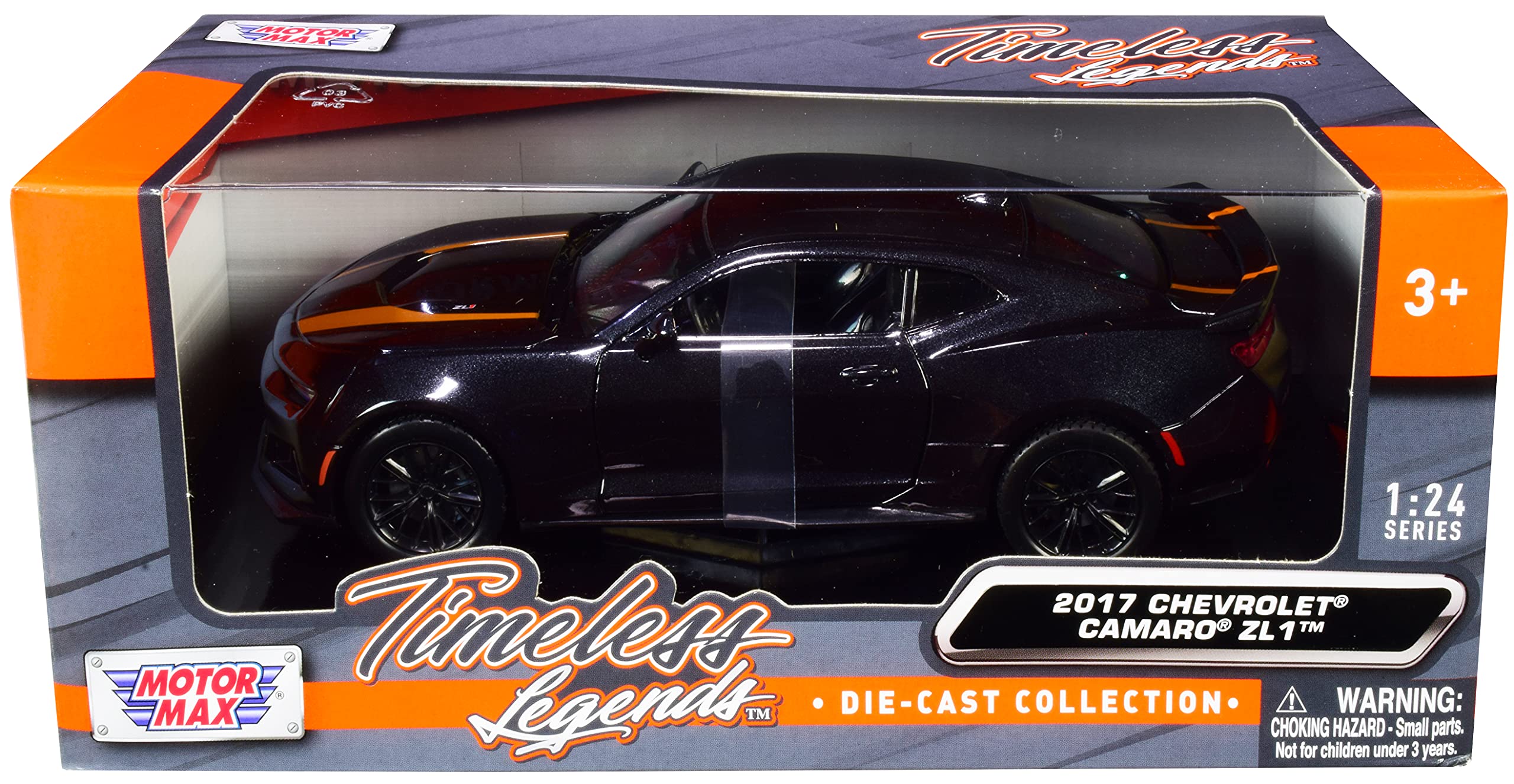 Motormax Toy 2017 Chevy Camaro ZL1 Black Metallic with Orange Stripes 1/24 Diecast Model Car by Motormax 79351 79351BK-OR