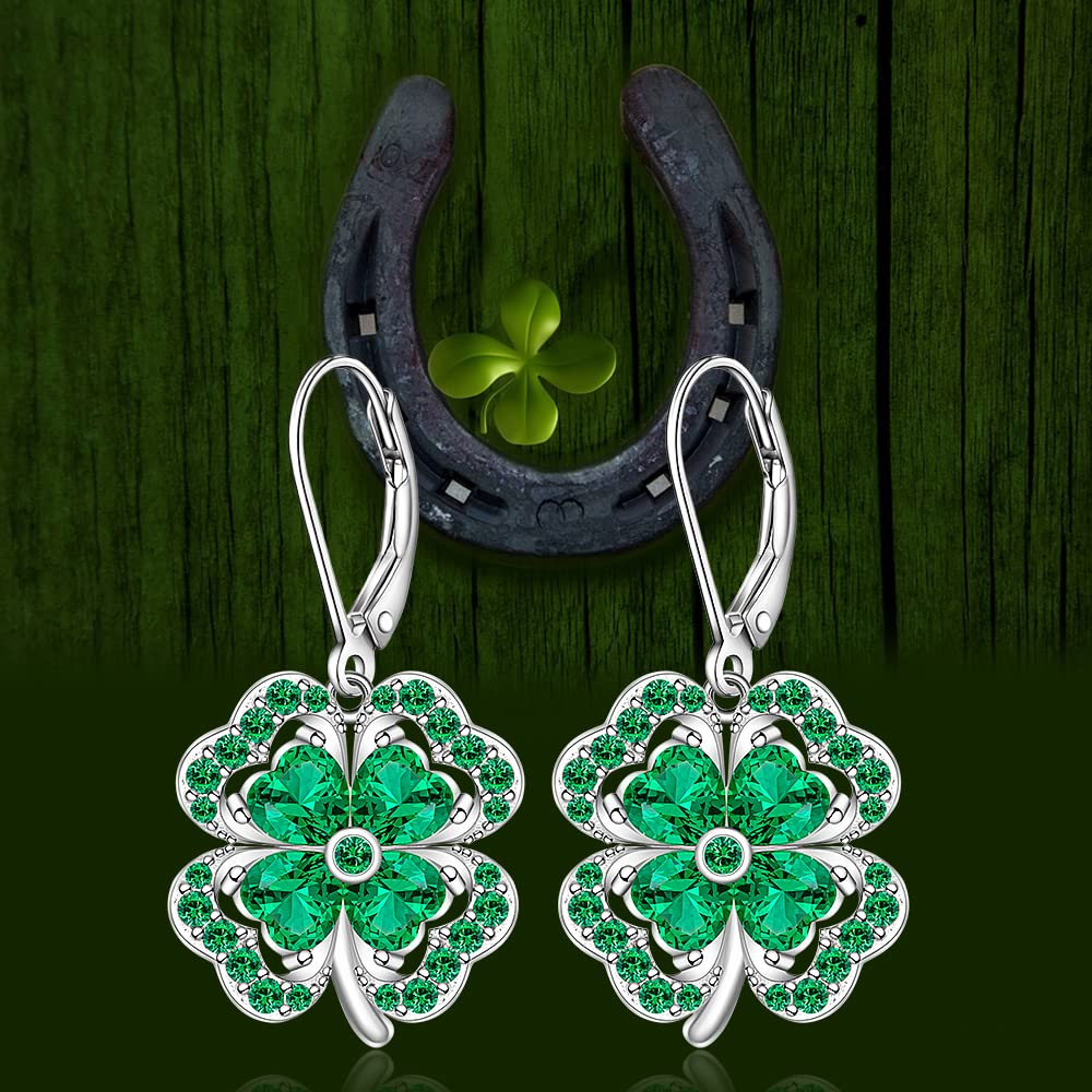 Shamrock Earrings St Patrick’s Day Earrings Four Leaf Clover Earrings for Women Sterling Silver Lucky Dangle Drop Green Clover Irish Celtic Gifts