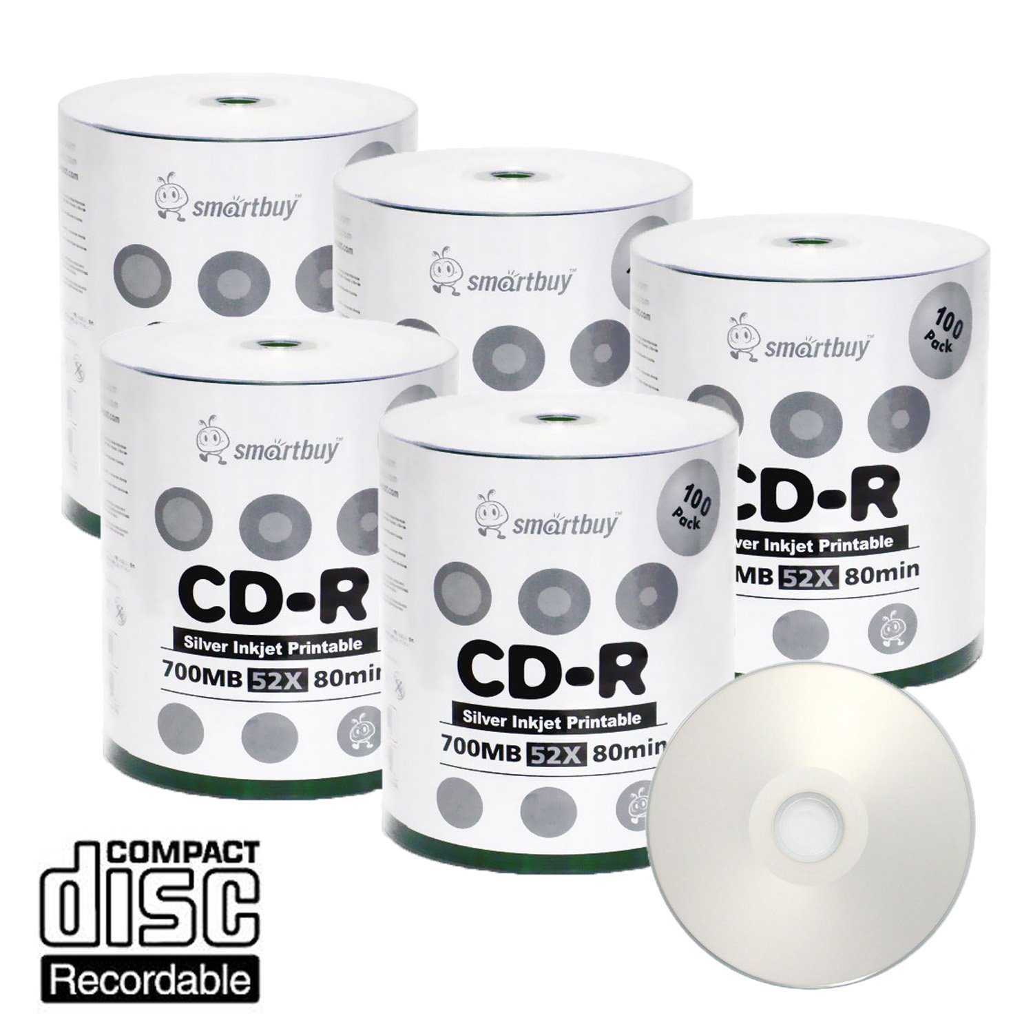 Smartbuy 500-disc 700mb/80min 52x CD-R Silver Inkjet Hub Printable Blank Recordable Media Disc