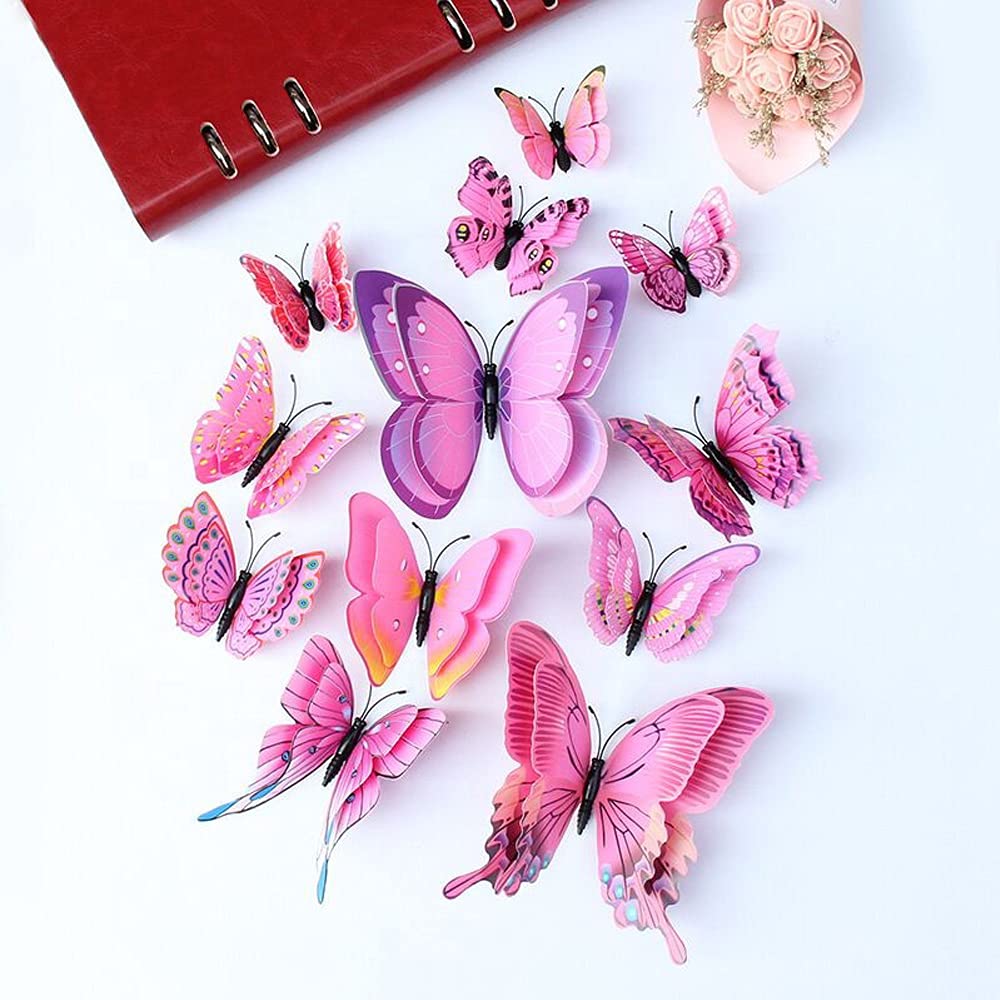 PVC Beautiful 3D Butterfly Wall Decals, 12pcs Removable DIY Home Decorations Double Layer Butterflies Wall Stickers Murals for Garden Bedroom Birthday Party Wedding TV Background Living Room(Pink)