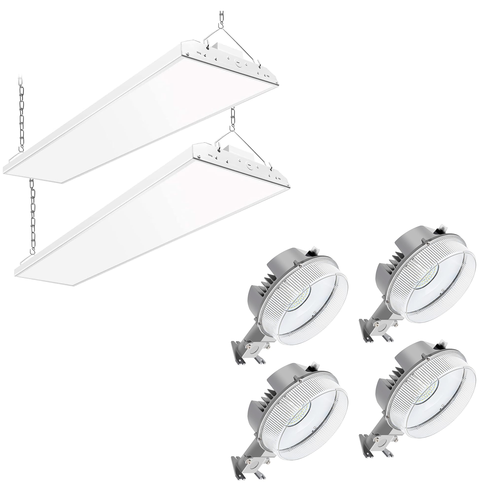 CINOTON 42W LED Barn Light Dusk to Dawn Outdoor Lighting, Silver 4 Pack & 210W LED Linear High Bay Light 2 Pack