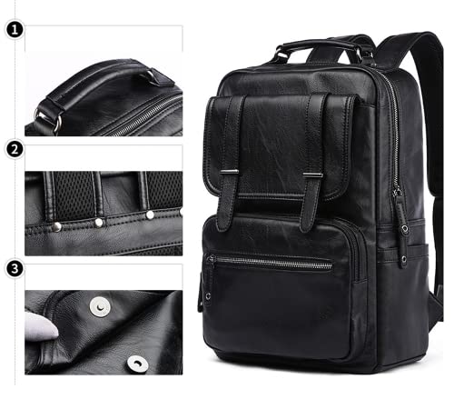 HKZHITOU Laptop Backpack For Men Vintage Leather College Backpack Black Travel Waterproof Bags Fit 16 Inch Notebook