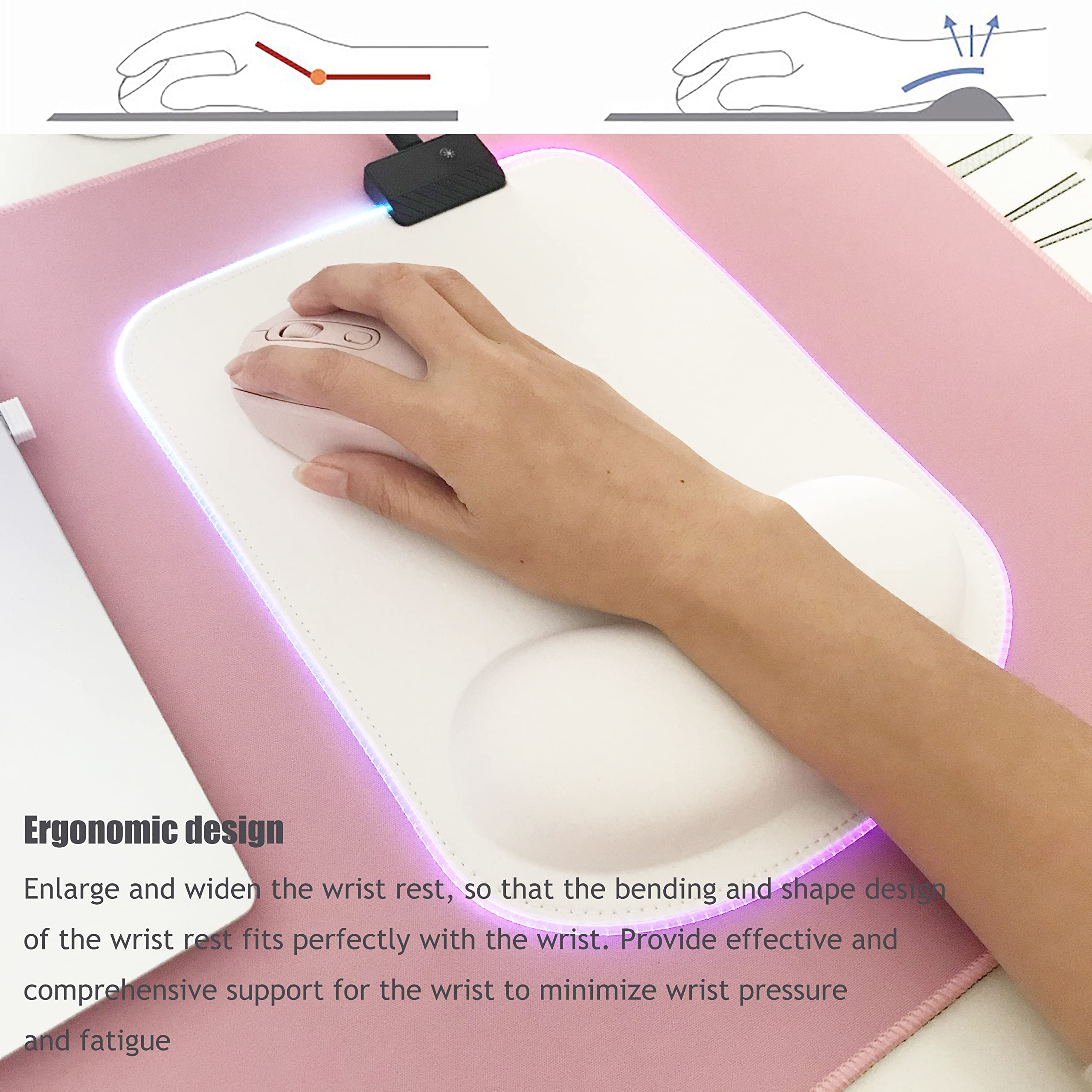RGB Mouse Pad with Wrist Support, LED Mouse Pad with 13 Lighting Modes, Anti-Slip Rubber Base, Pain Relief Computer Ergonomic Mouse Pad for Gaming, Office, Home, 11.8 x 8.5 in (White)