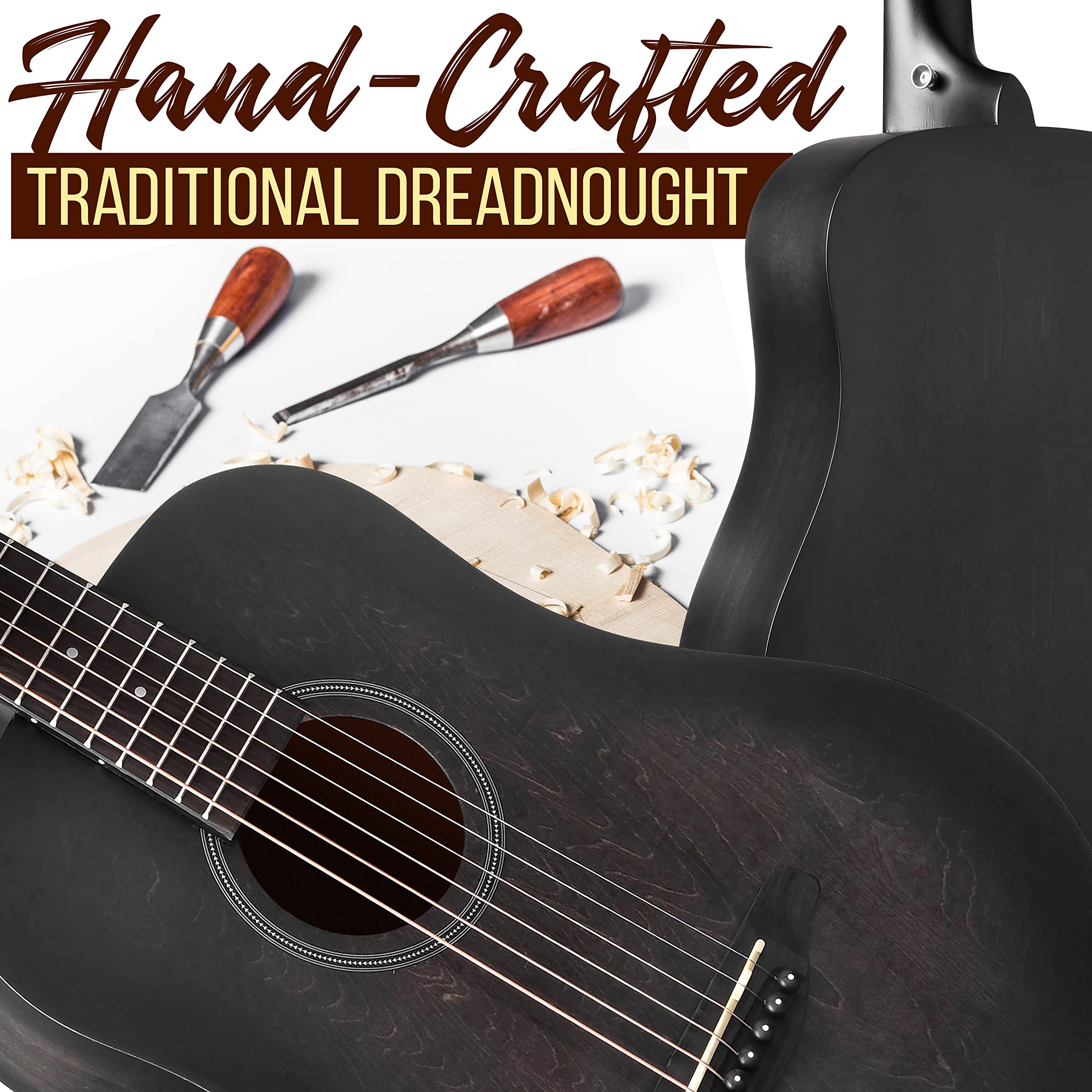 Pyle Acoustic Guitar Kit, 1/2 Junior Size All Wood Steel String Instrument for Beginner Kids, Adults, 34" Black Matte