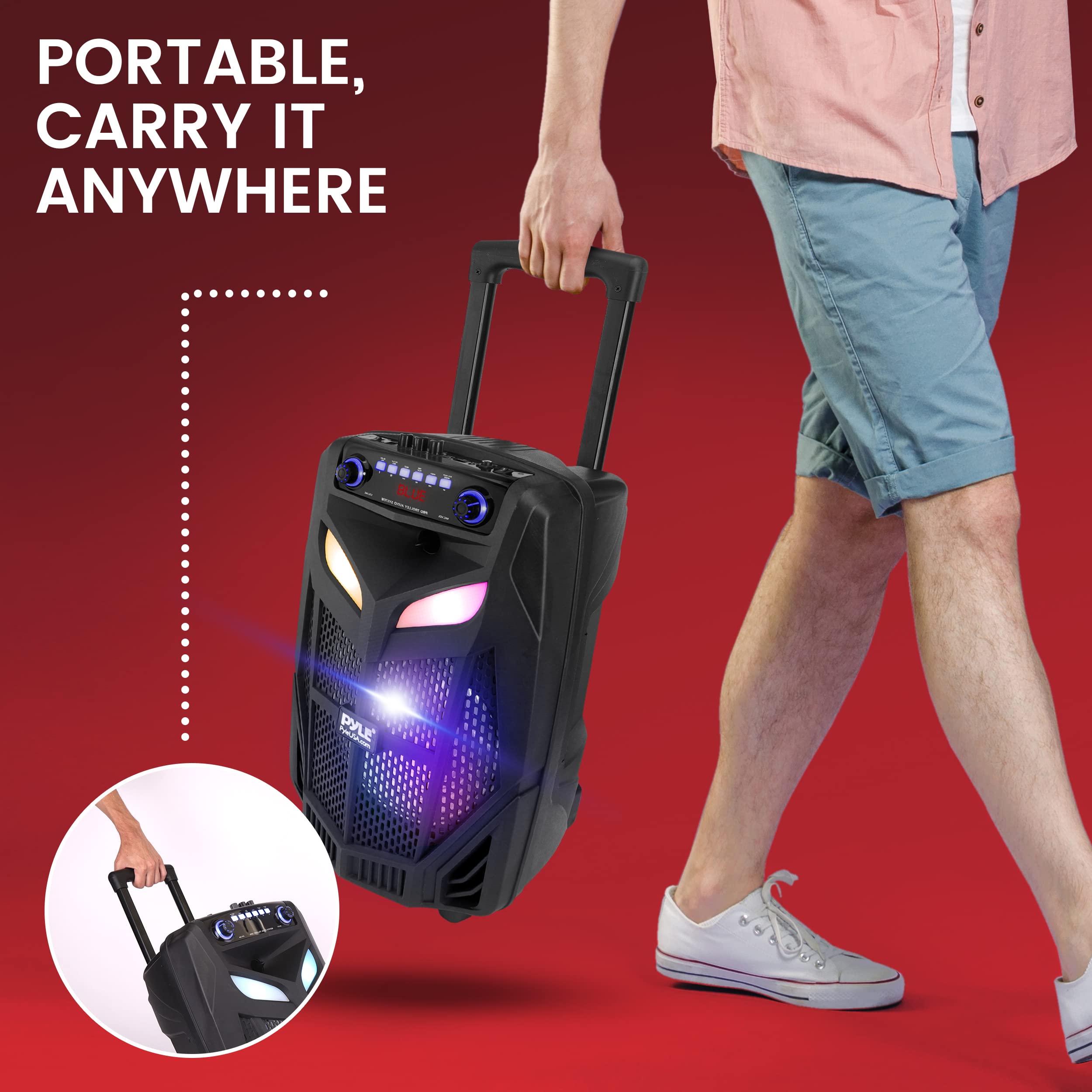 Pyle Portable Bluetooth PA Speaker System-600W 10β Indoor/Outdoor BT Speaker-Includes 2 Wireless Microphones, Party Lights, USB SD Card Reader, FM Radio, Rolling Wheels-Remote Control PPHP101WMB