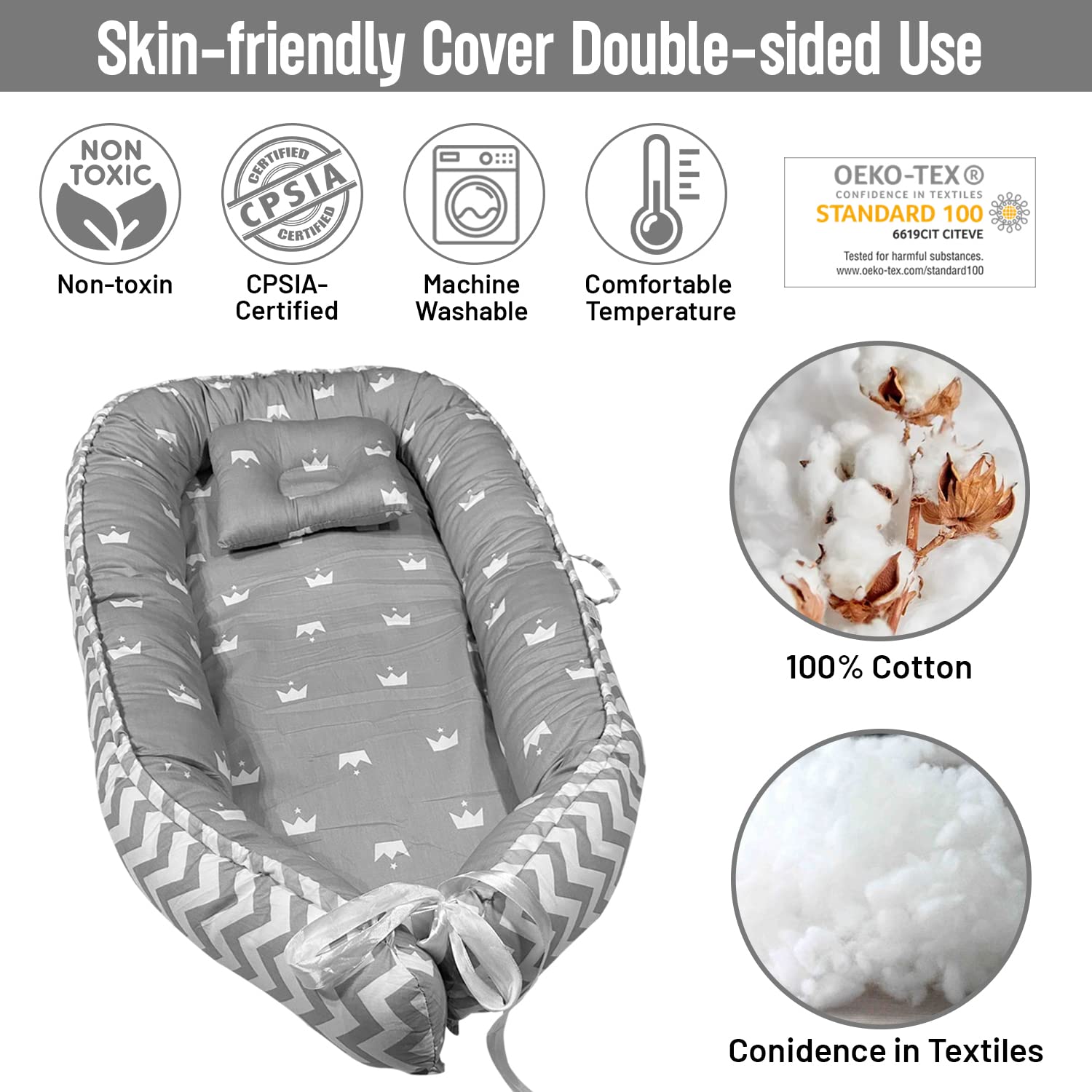 Baby Nest Co-Sleeping Lounger, Portable and Comfortable Nest for Baby, Nest for Baby, Co-Sleeping Bed (0-12M) (Grey Wave Crown)