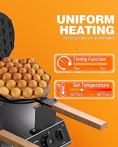 PYY Double Bubble Waffle Maker Commercial Waffle Maker Non-stick Hong Kong Egg Waffle Maker for Home Use Stainless Steel Pancake Maker 180° rotate, 1500W 110V Electric Cone Maker 50-250℃/122-482℉